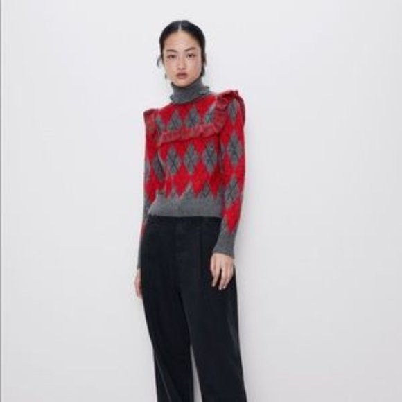 Zara | Sweaters | New Zara Argyle Sweater Ruffles | Poshmark